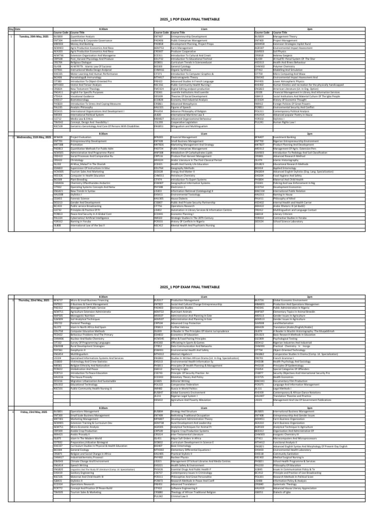 2025 - 1 Pop Exam Final Timetable | PDF | Nigeria | Agriculture