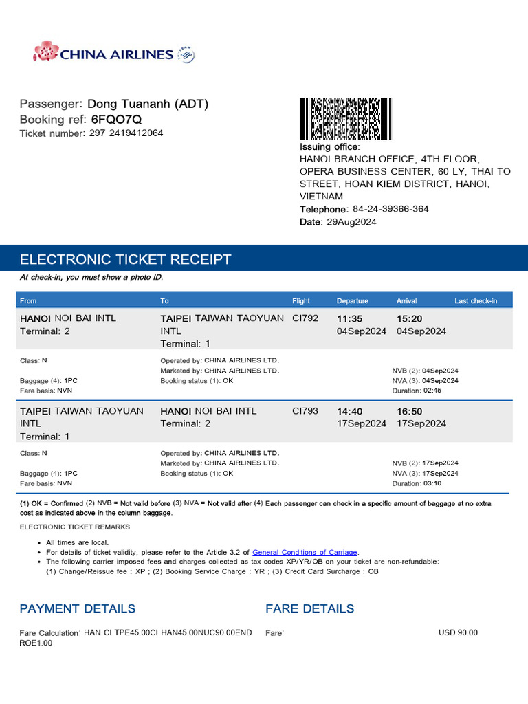 China Airlines Electronic Ticket Receipt | PDF | Business Class | Airlines