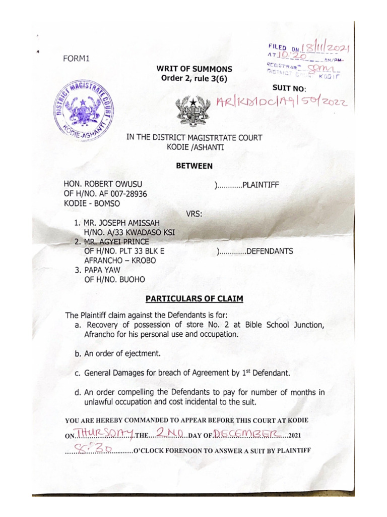 Writ of Summons | PDF