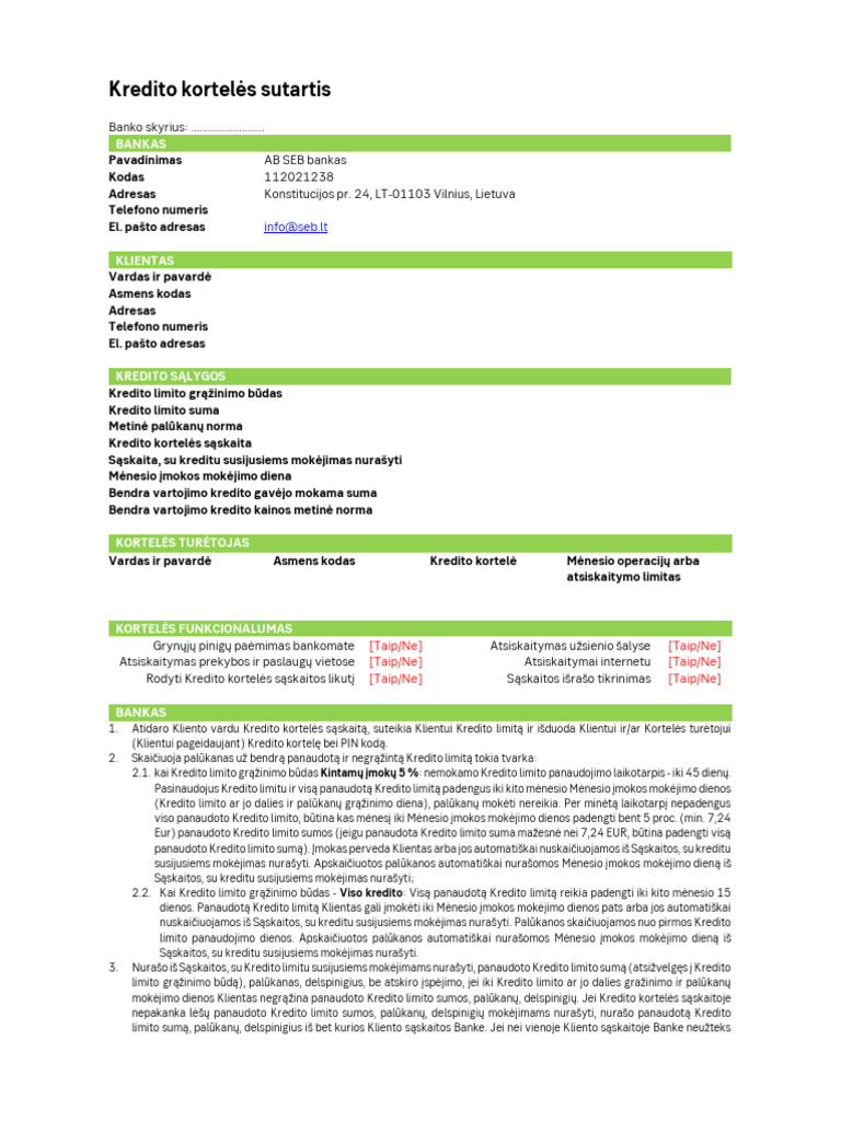 Kredito Korteles Tipine Sutartis | PDF