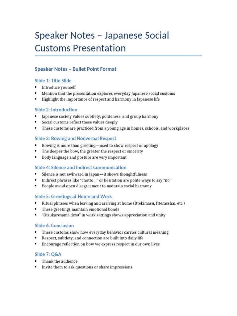 Japanese Social Customs Speaker Notes | PDF | Nonverbal Communication ...