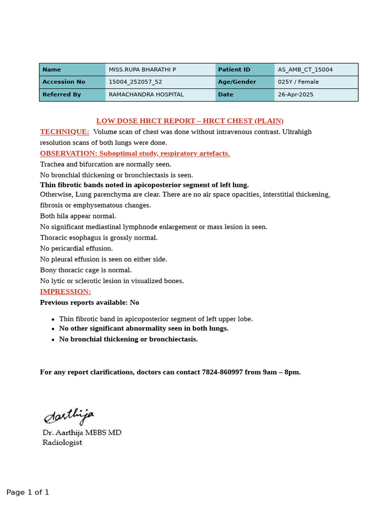 Low Dose HRCT Report - HRCT Chest (Plain) Technique: OBSERVATION ...