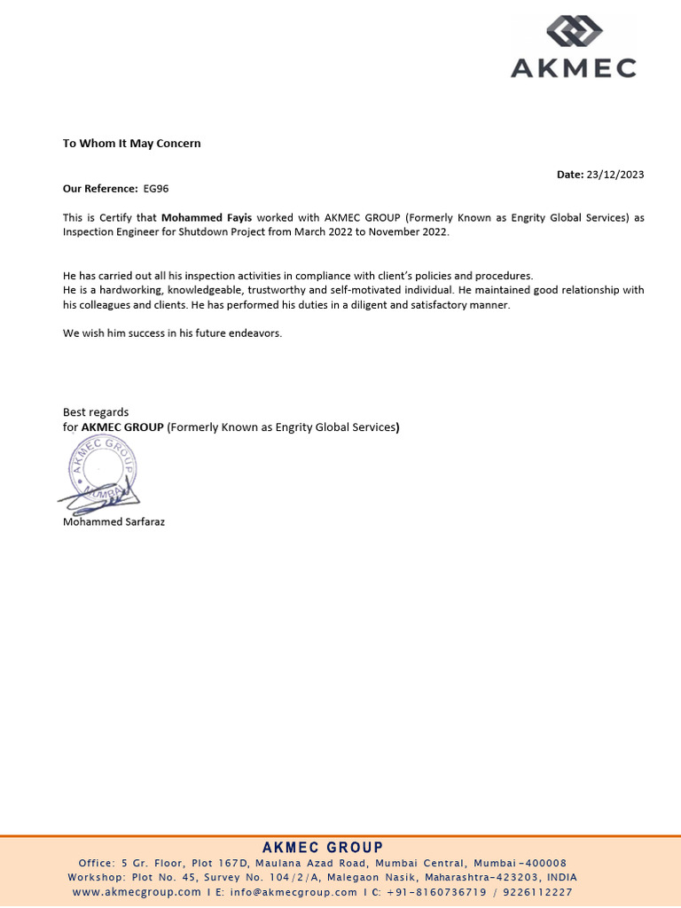 EG96 Experience Letter Fayis | PDF