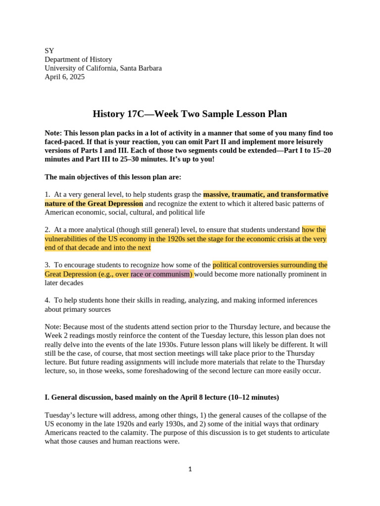 US History Lesson Plan - Great Depression | PDF | Congress Of ...