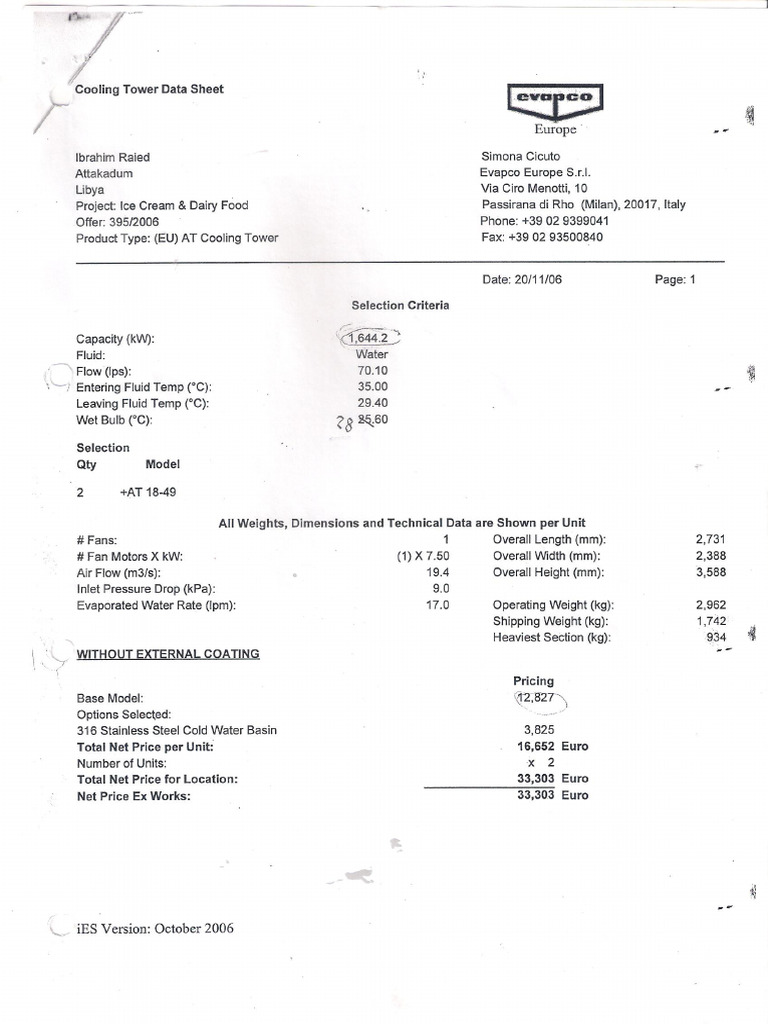 Cooling Tower Data Sheet | PDF