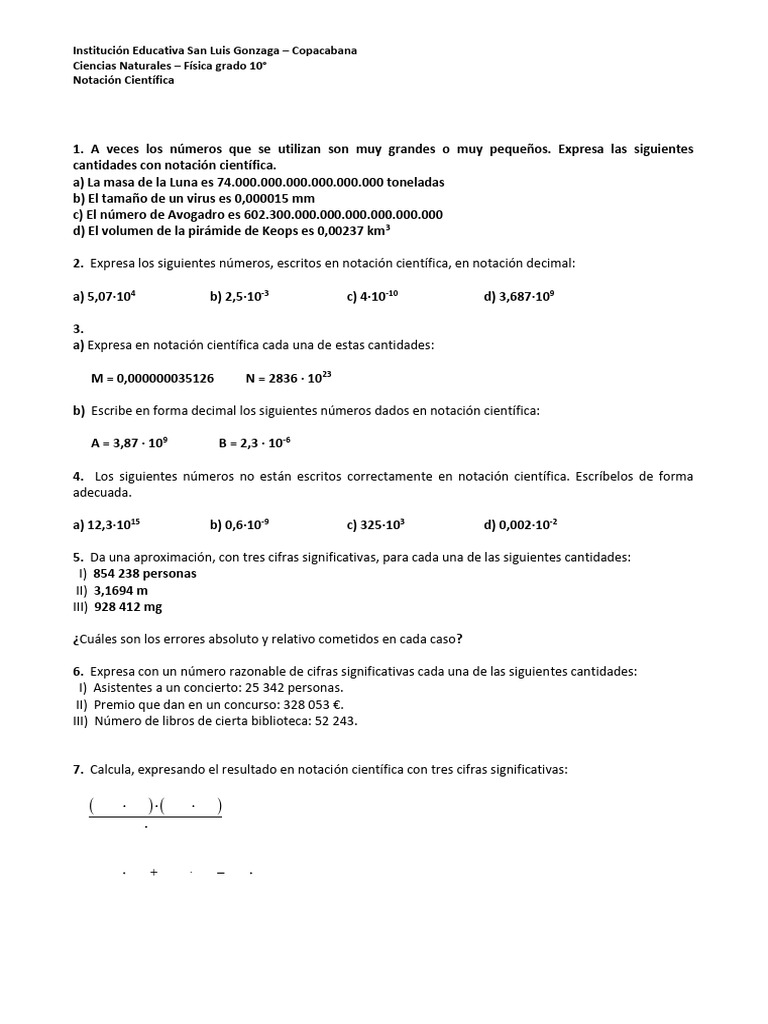 TALLER No.2 - NOTACIÓN CIENTÍFICA | PDF | Lexicología | Números