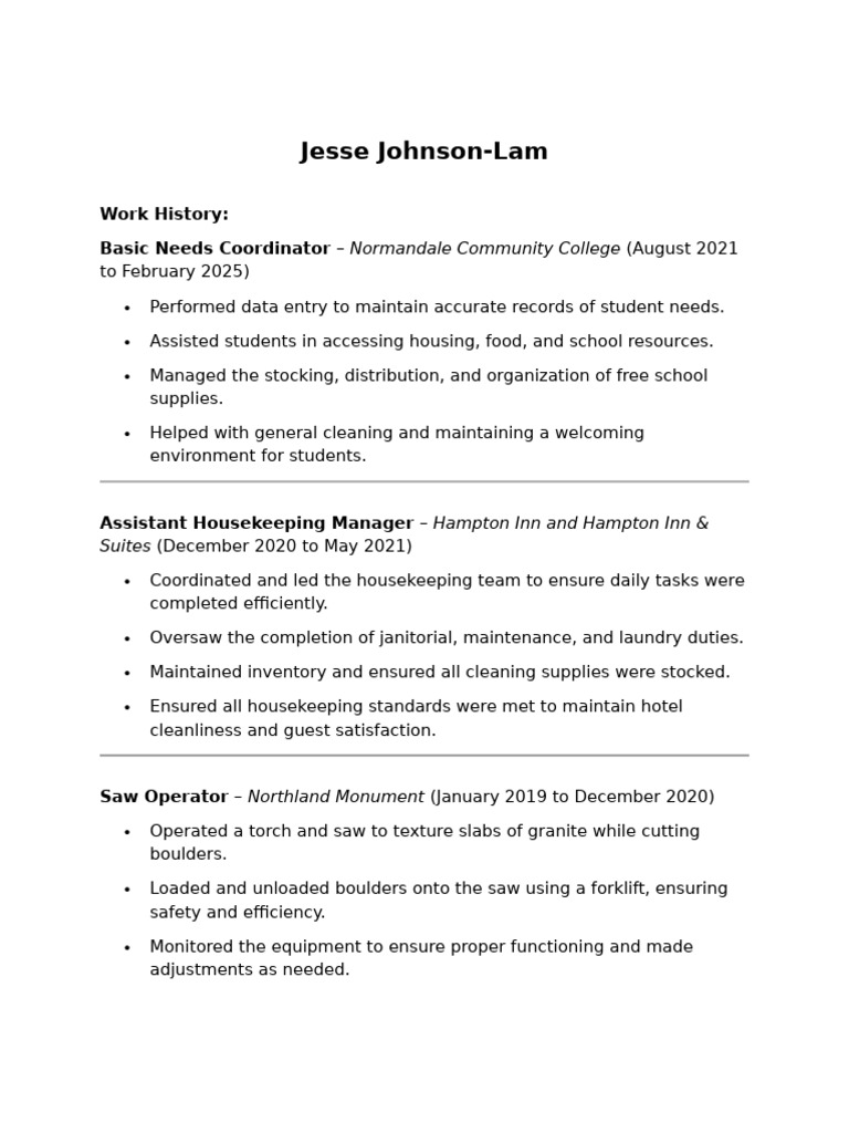 Jesse Johnson-Lam's Work Experience Summary | PDF | Housekeeping