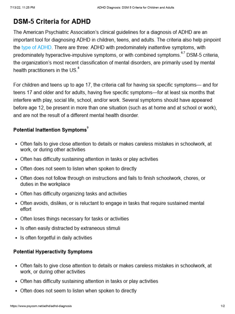 ADHD Diagnosis - DSM 5 Criteria For Children and Adults | PDF ...