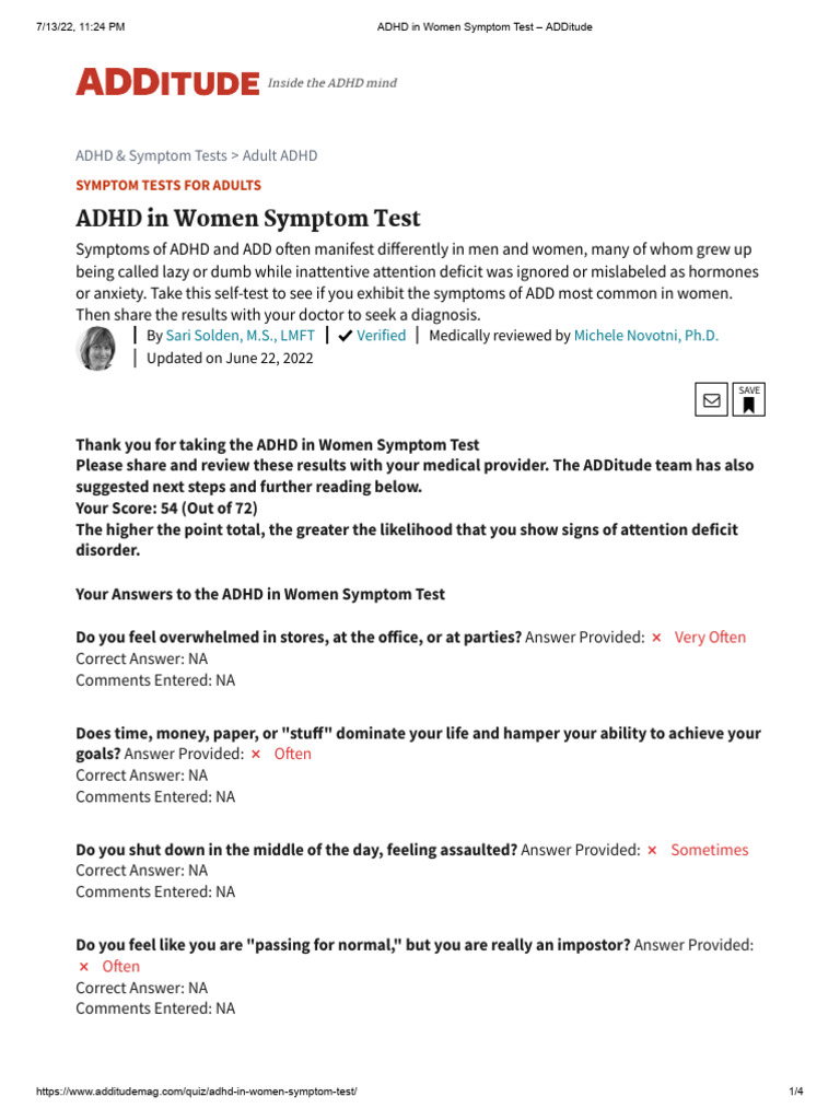 ADHD in Women Symptom Test - ADDitude | PDF | Attention Deficit ...