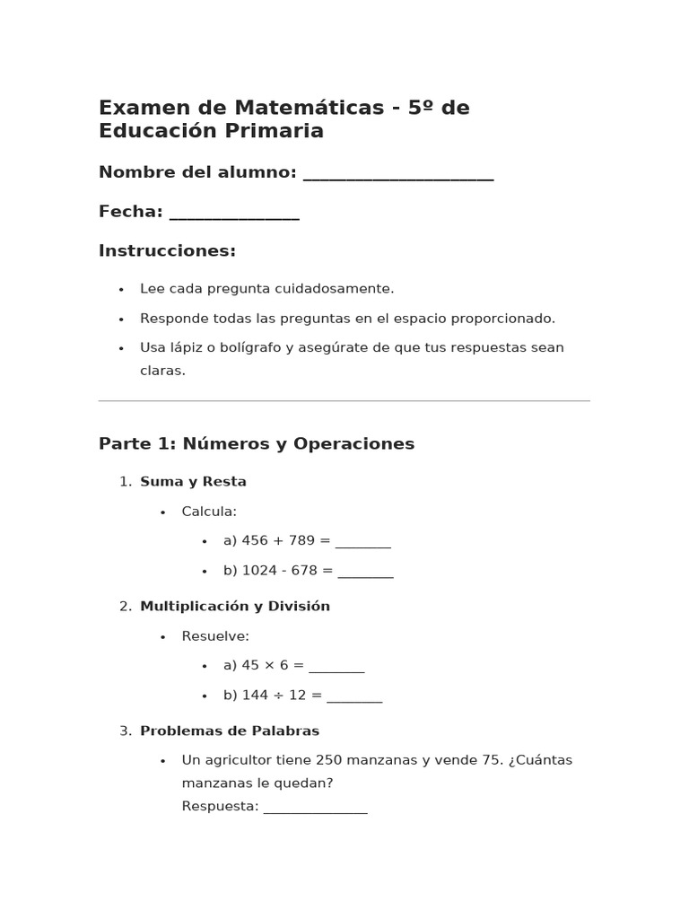 Examen de Matemáticas | PDF | Sustracción | Litro