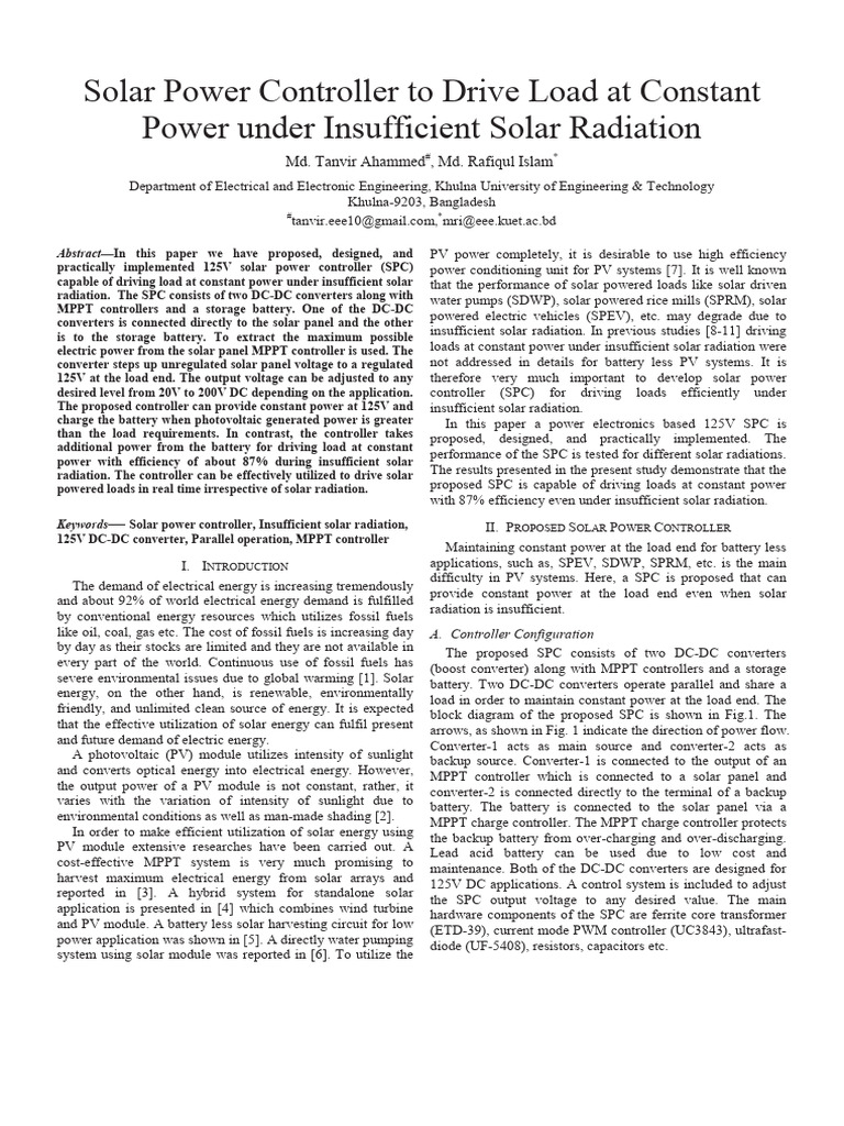 Solar Power Controller To Drive Load at Constant Power Under ...