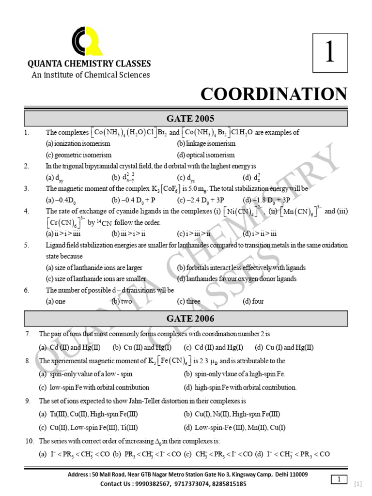 Inorganic gate pyq | PDF | Coordination Complex | Molecules