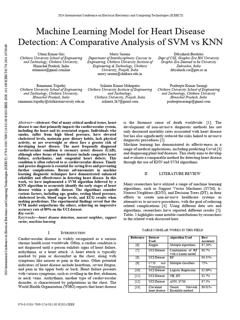 Machine Learning Model For Heart Disease Detection A Comparative Analysis of SVM Vs KNN | PDF ...