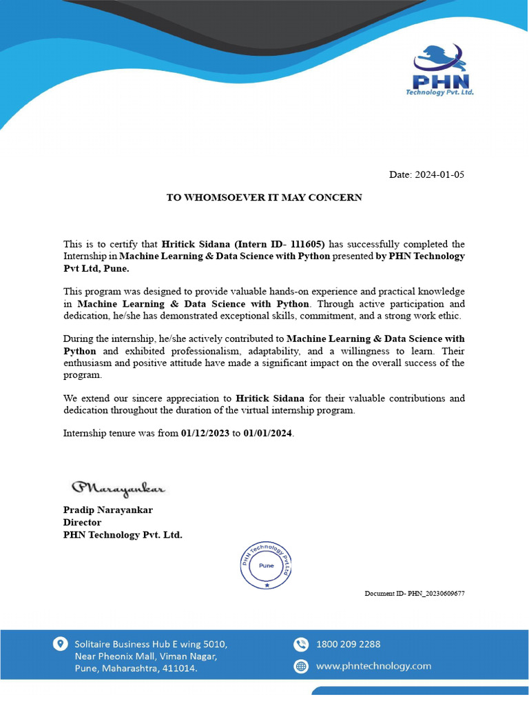 Internship Certificate in Machine Learning | PDF
