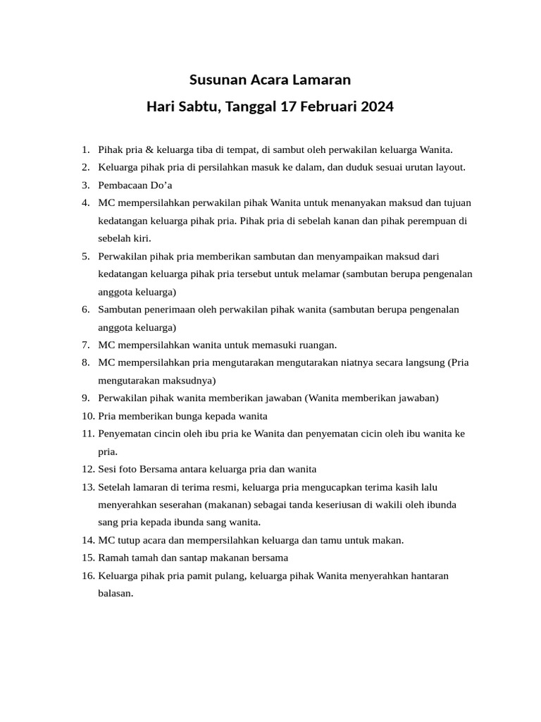 Susunan Acara Lamaran 17 Februari 2024 | PDF