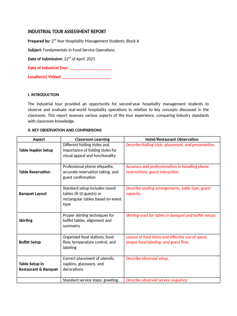 Industrial Tour Assessment Report | PDF | Menu | Restaurants