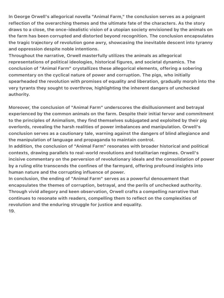 In George Orwell's allegorical novella "Animal Farm," the conclusion… | PDF