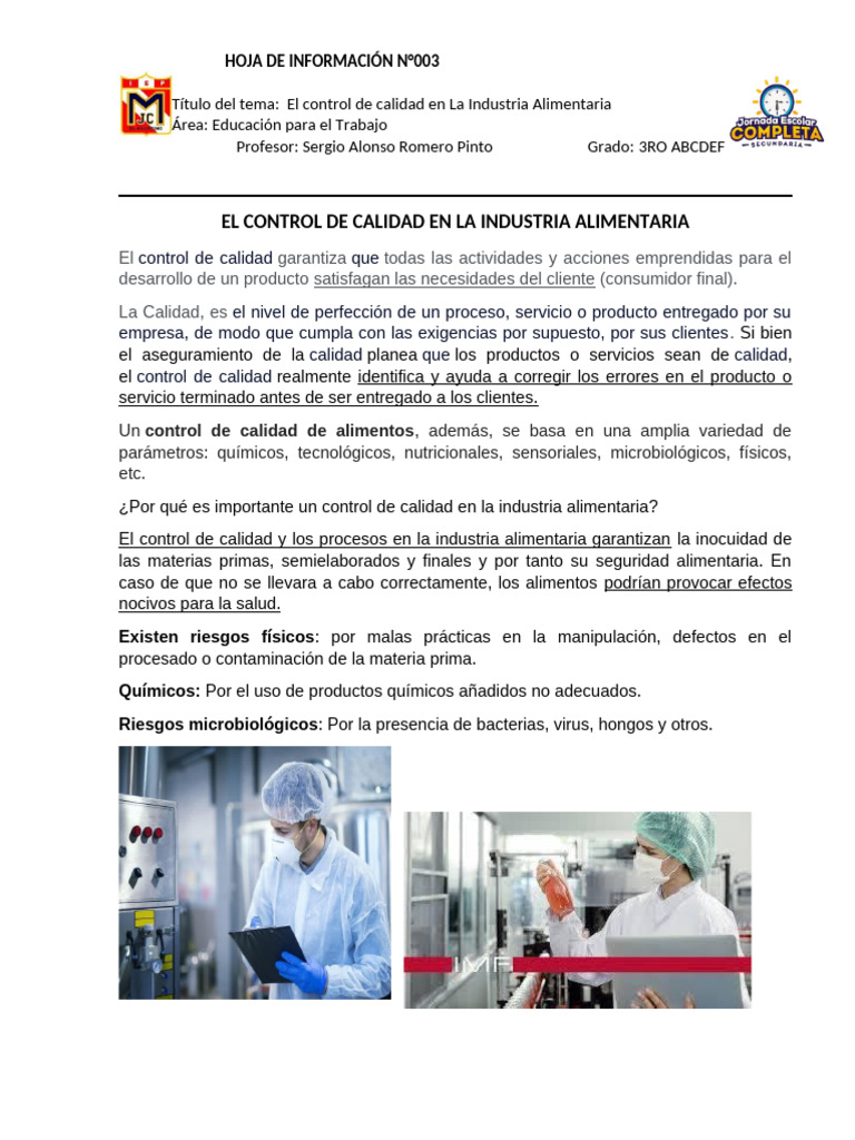 Control de Calidad Tercero e | PDF | Calidad (comercial) | Industria de ...
