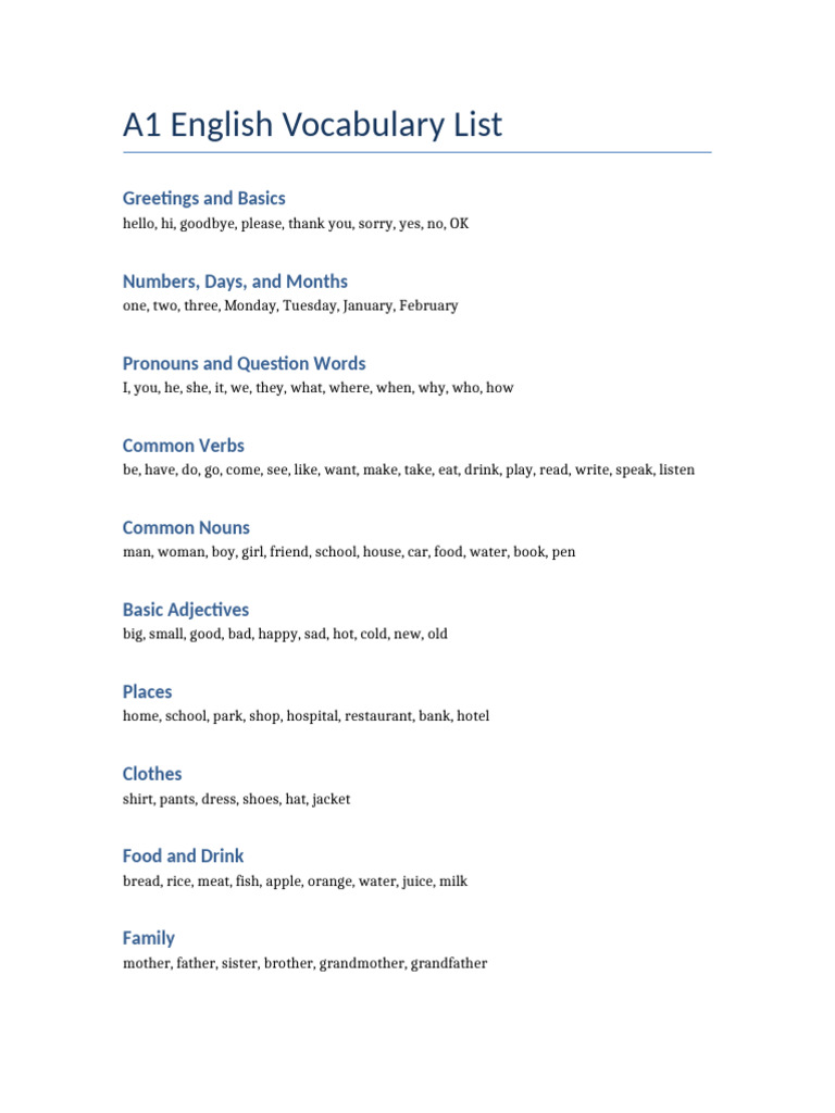 A1 English Vocabulary Guide | PDF