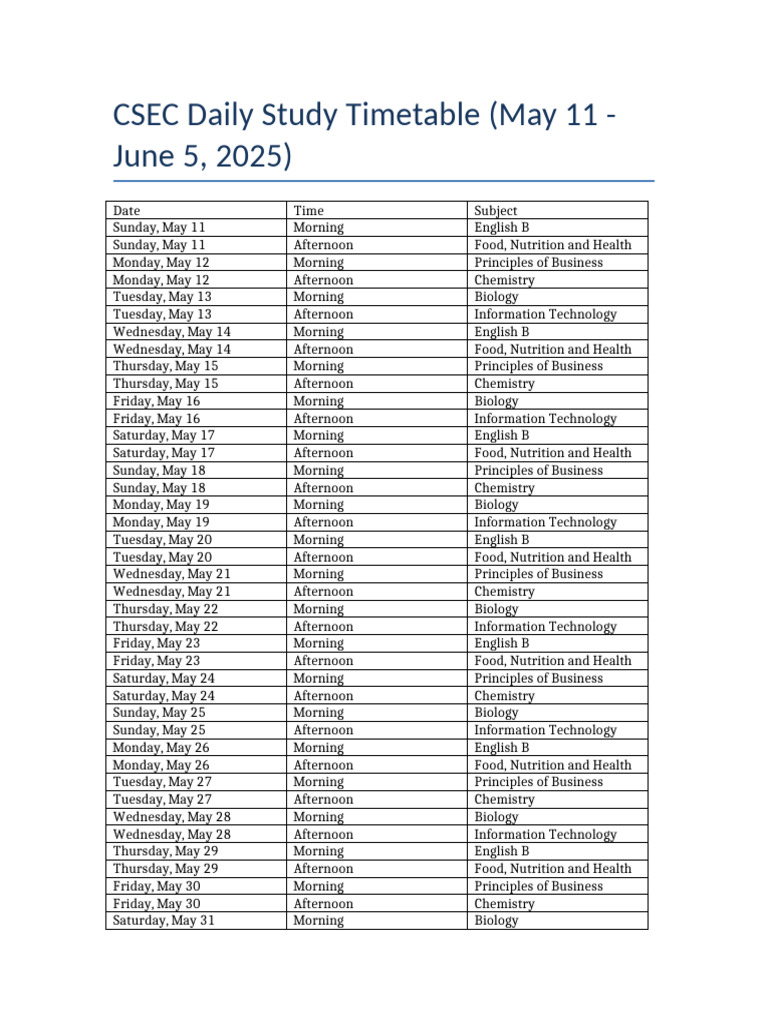 Daily CSEC Study Timetable May June 2025 | PDF