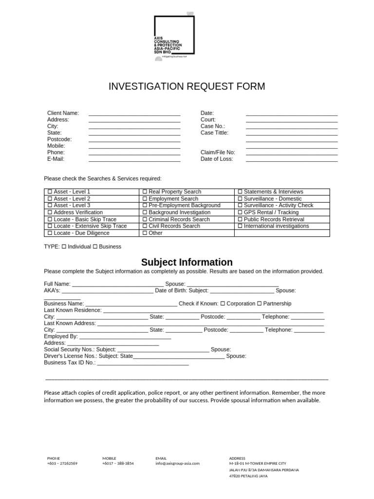 Investigation Request Form Template | PDF | Surveillance | Justice