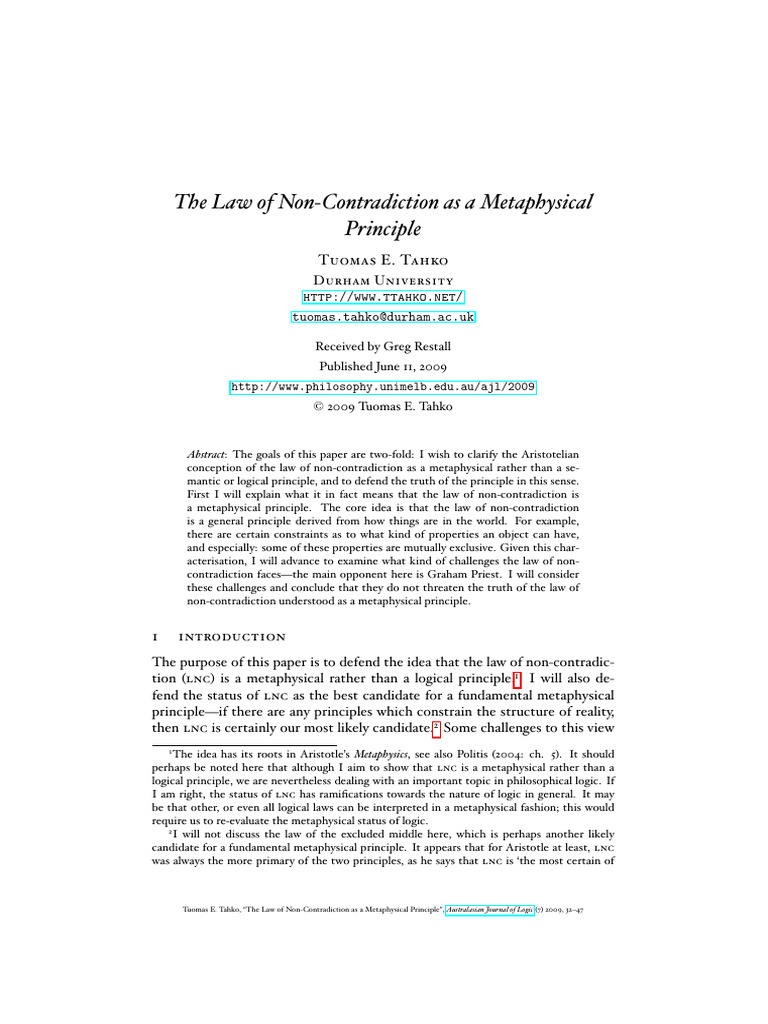 TAHKO-the-law-of-non-contradiction-as-a Metaphysical-Principle | PDF ...