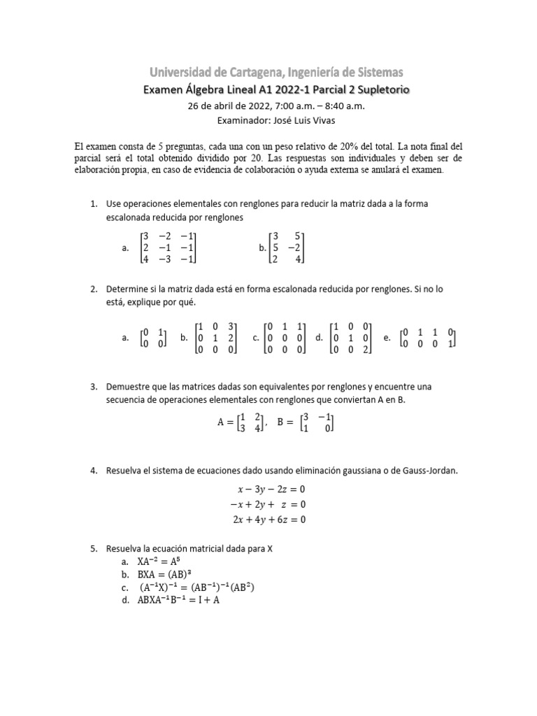 Lgebra Lineal 2022-1 Parcial 2 Supletorio | PDF