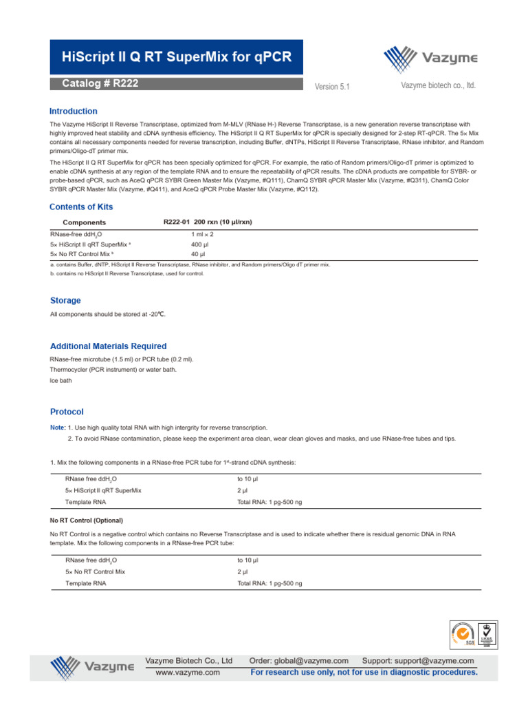 R222_HiScript_II_Q_RT_SuperMix_for_qPCR | PDF | Real Time Polymerase Chain Reaction | Reverse ...