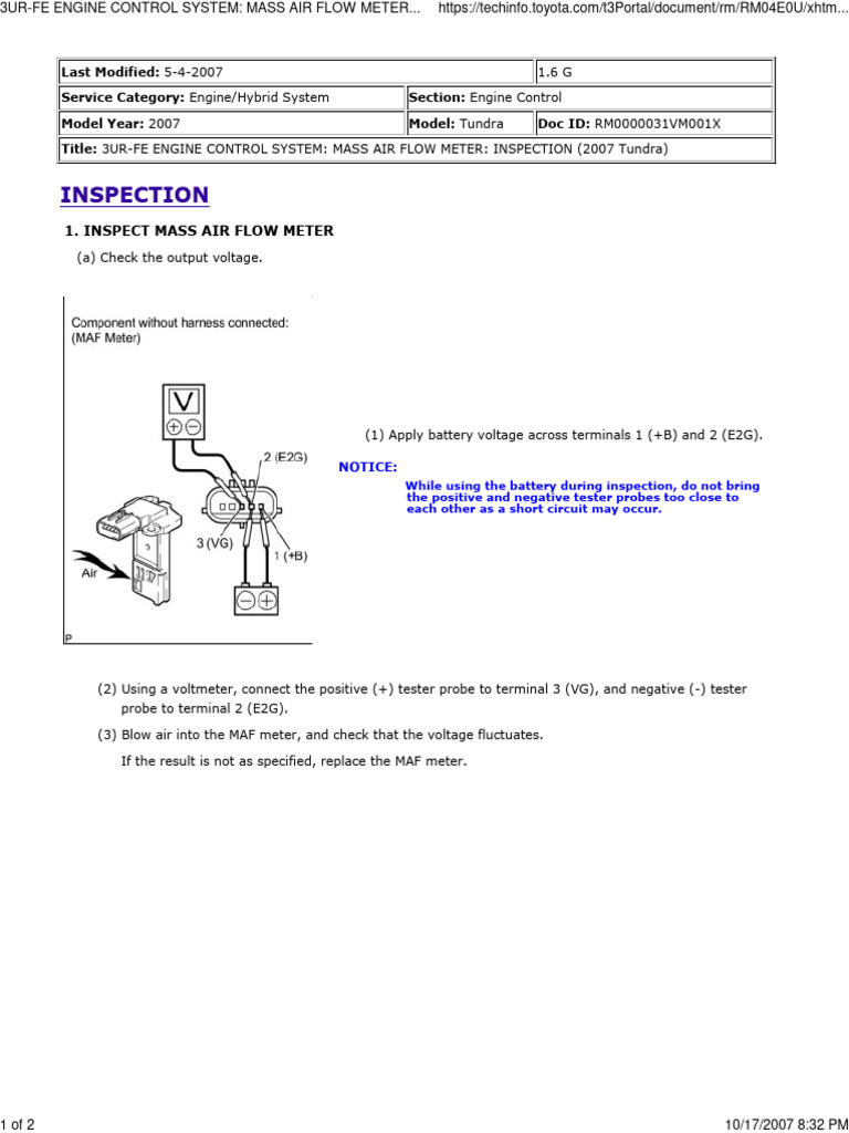 3UR-FE ENGINE CONTROL SYSTEM MASS AIR FLOW METER INSPECTION (2007 ...