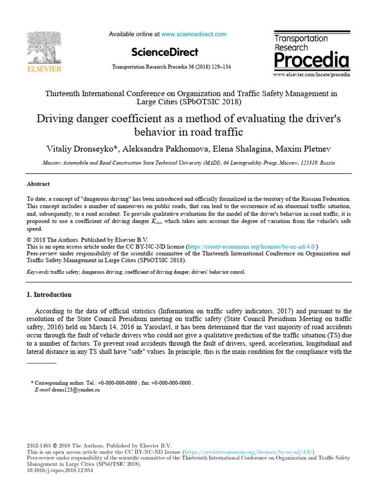 Driving Danger Coefficient As A Method of Evaluating - 2018 - Transportation Res | PDF | Traffic ...