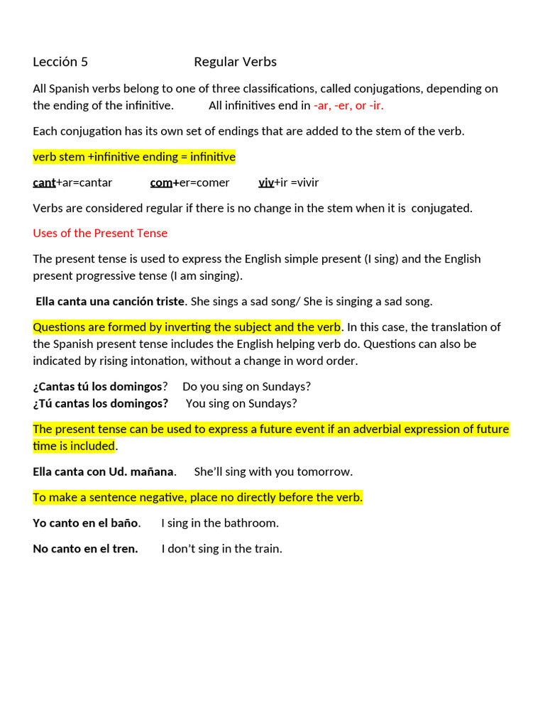 Lección 5 Regular Verbs | PDF