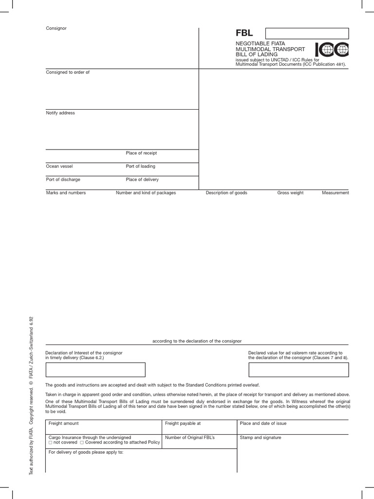 FIATA FBL FORMAT | PDF | Indemnity | Bill Of Lading