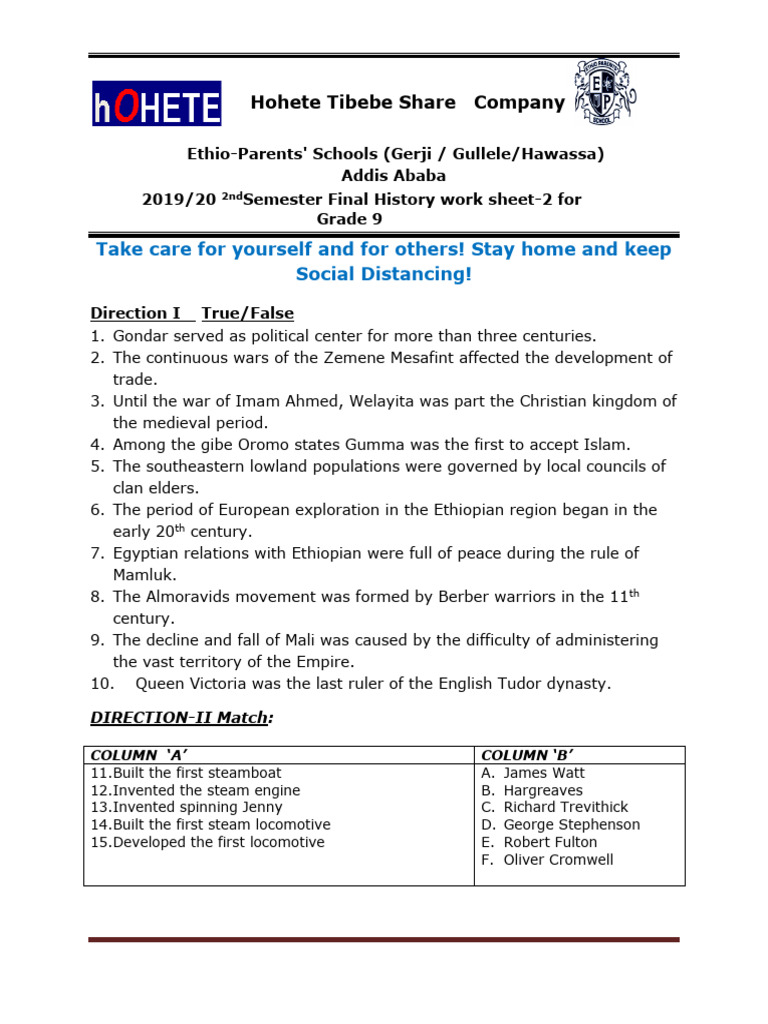 Grade 9 History Final Worksheet 2019/20 | PDF