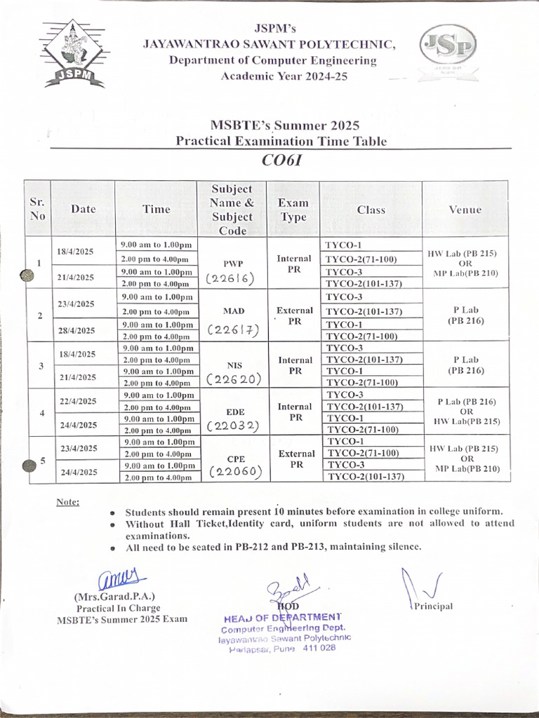 Practical Exam Timetable TYCO | PDF