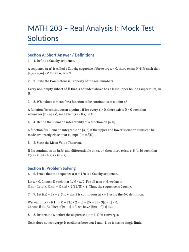 MATH 203 Mock Test Solutions | PDF | Real Number | Continuous Function