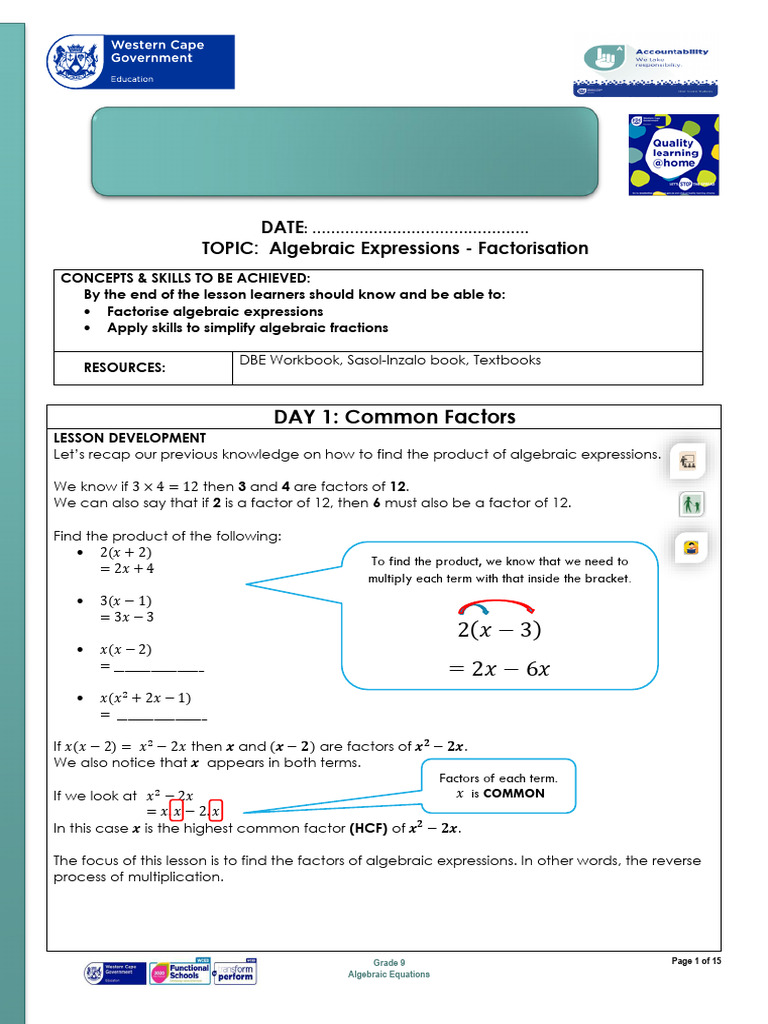 Lesson Plan Gr. 9 Alg Expressions, Factorisation Part 2 | PDF | Factorization | Mathematical Objects