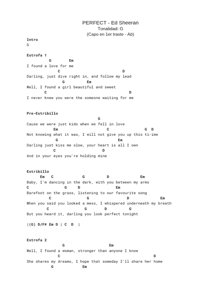 PERFECT - Ed Sheeran (Letra y acordes para guitarra) | PDF | Recorded ...