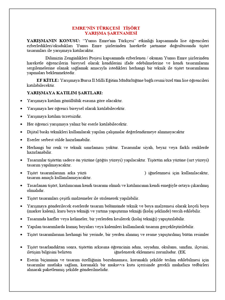 Yunus Emrenin Turkçesi Tisort Tasarimi Yarismasi Sartname | PDF