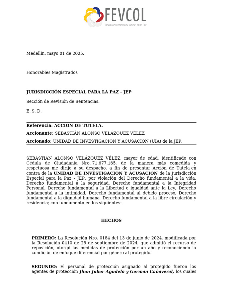 Tutela contra la UIA-JEP por Protección | PDF | Debido al proceso | Género