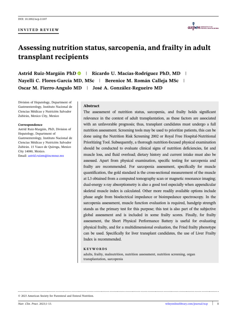Assessing nutrition status, sarcopenia, and frailty in adult transplant recipients | PDF | Human ...