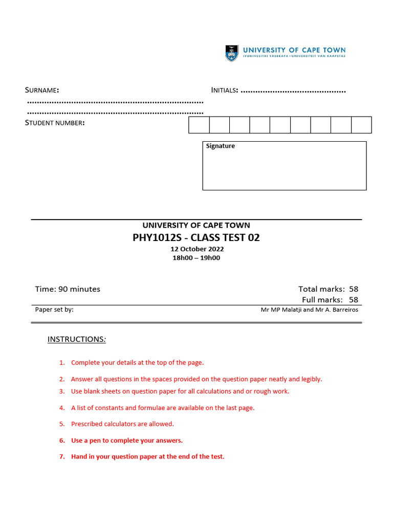 UCT PHY1012S Class Test 02 2022 | PDF | Force | Friction