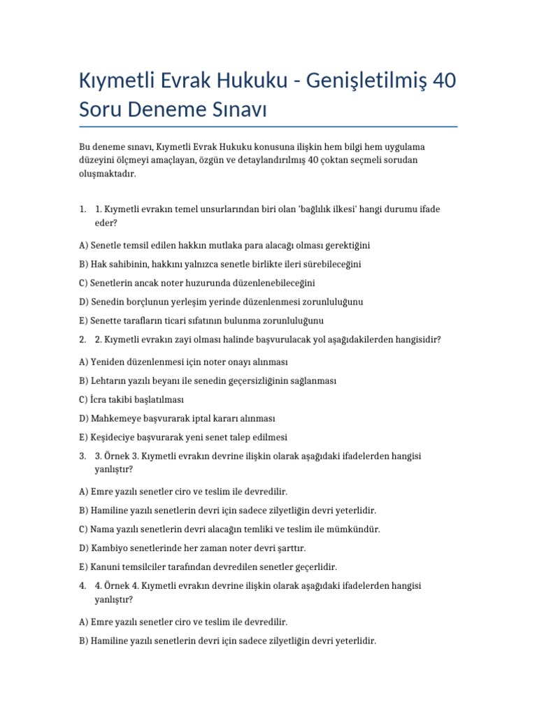 Kıymetli Evrak Hukuku 40 Soru Cevap Aciklamali GUNCEL | PDF