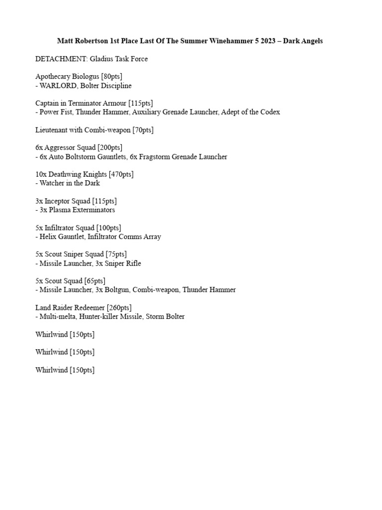 Matt Robertson 1st Place Last of The Summer Winehammer 5 2023 - Dark Angels | PDF