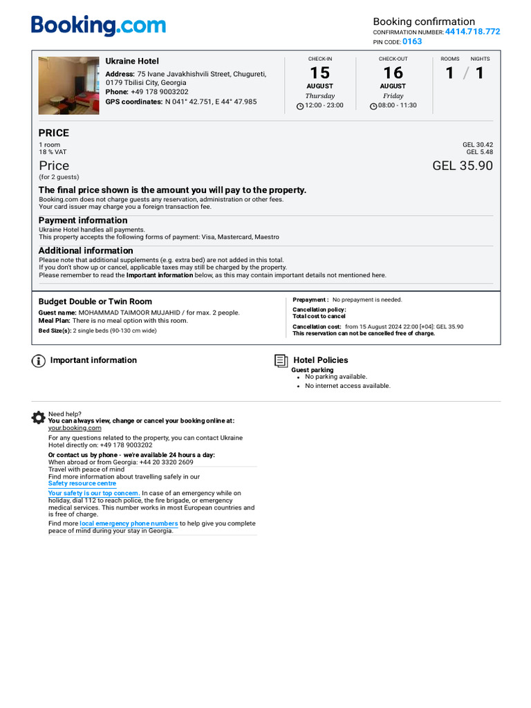 Booking Confirmation | PDF | Fee | Payments