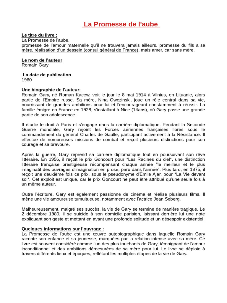 La Promesse de L'aube | PDF