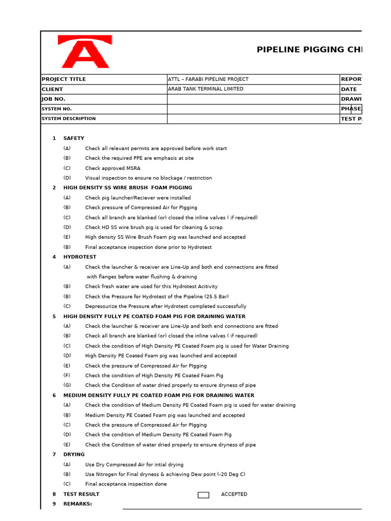 Pipeline Pigging Checklist (QC Report-3) | PDF | Gases | Gas Technologies