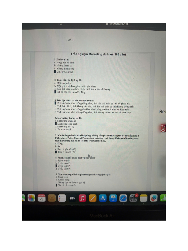 Trắc Nghiệm MKT DVTC | PDF