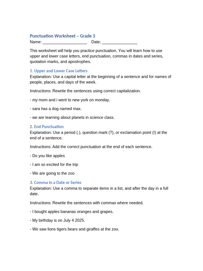 Grade 3 Punctuation Practice Worksheet | PDF