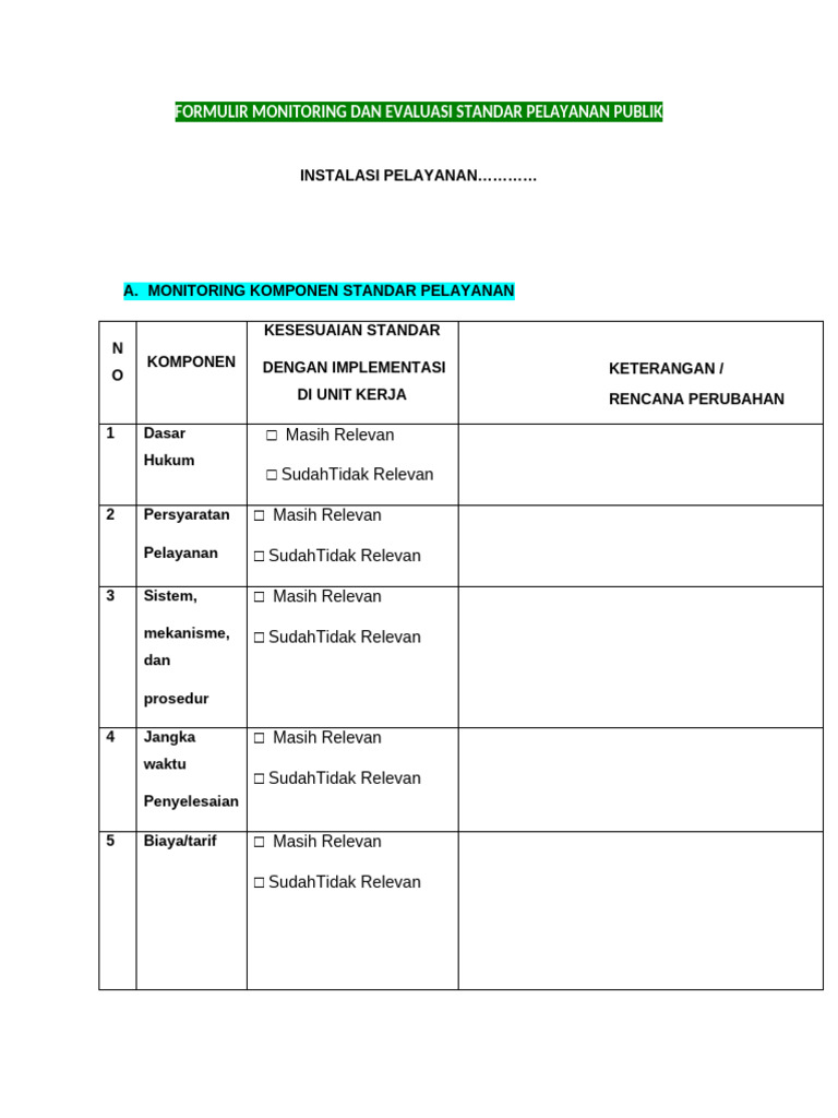Formulir Monitoring Dan Evaluasi Standar Pelayanan Publik | PDF