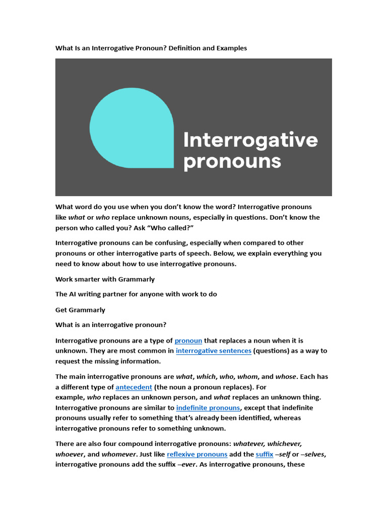 What Is An Interrogative Pronoun | PDF | Pronoun | Part Of Speech
